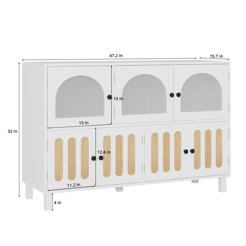 Ebern Designs Sideboard Buffets With 4 Storage Cabinet, Vertical Wave Arched Tempered Glass ...